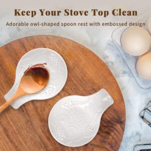 Katathani Ceramic Spoon Rest for Stove Top - Large Vintage Embossed Owl Shape Spoon Holder for Kitchen Counter，White Exquisite Coffee Spoon Rest, 1 Pack