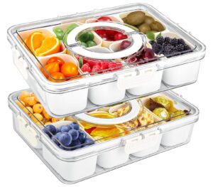 2 pack portable snackle box container, divided serving tray with lid and handle, fruits, clear snack platter organizer and storage for adults child (11.81" l*8.85"w-2pcs-8 compartments)