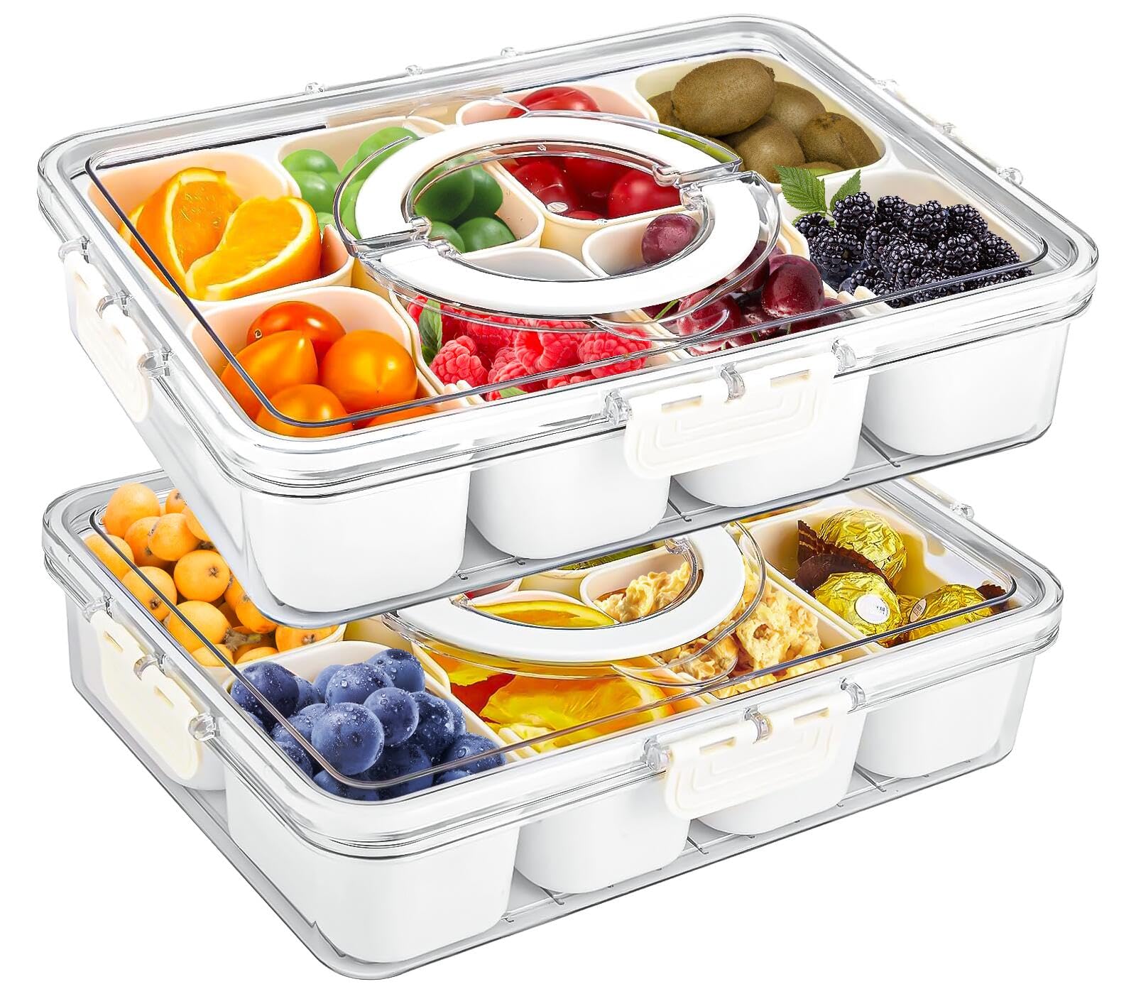 2 Pack Portable Snackle Box Container, Divided Serving Tray with Lid and Handle, Fruits, Clear Snack Platter Organizer and Storage for Adults Child (11.81" L*8.85"W-2pcs-8 Compartments)