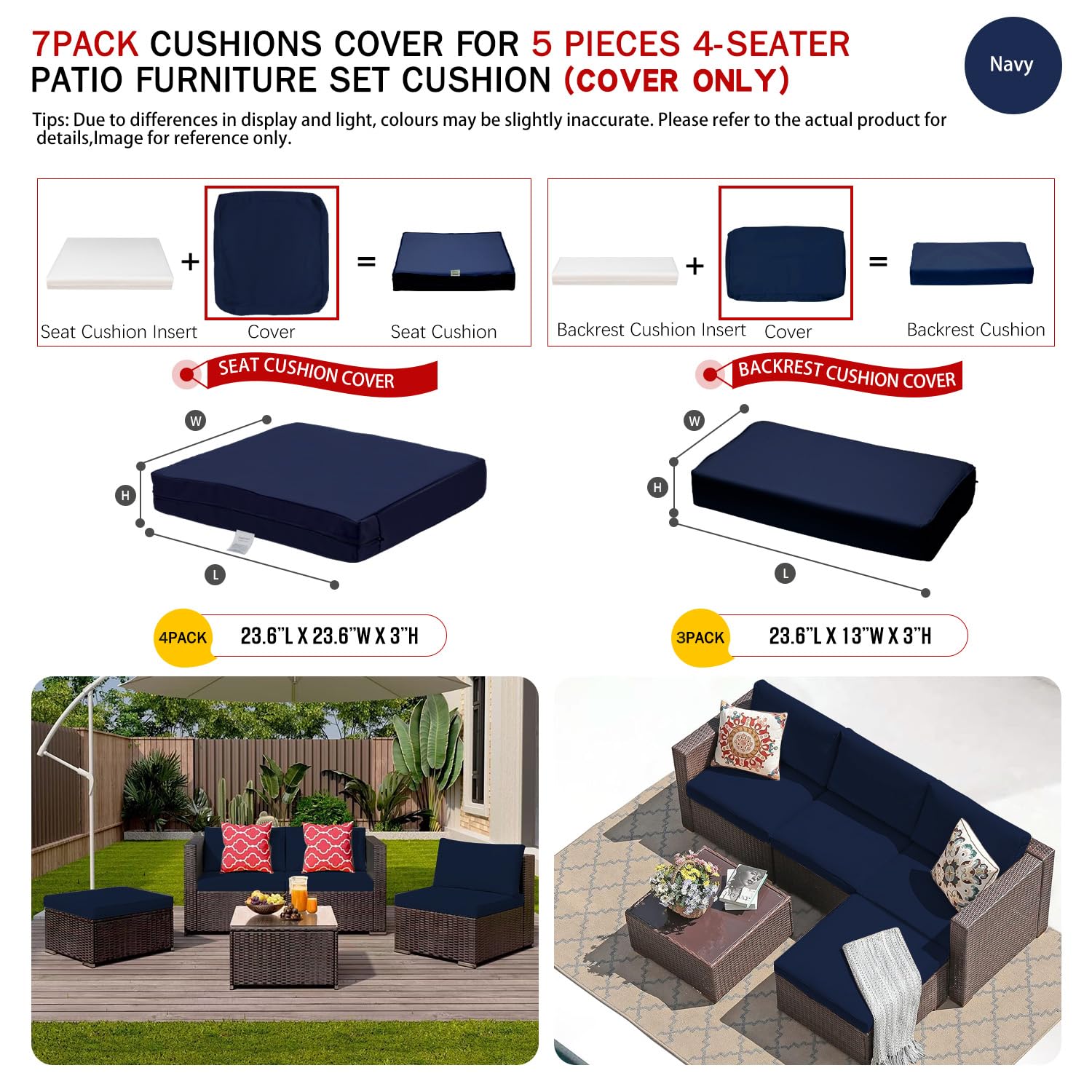 ClawsCover 7Pack Outdoor Patio Seat and Back Cushions Replacement Covers Fit for 3/5 Pieces 4-Seater Wicker Rattan Furniture Conversation Set Sectional Couch,Navy-Small (Include Cover Only)