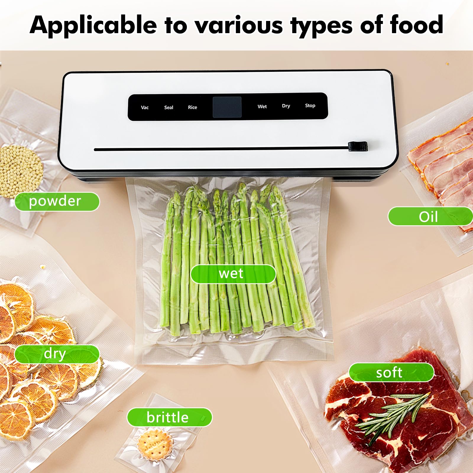 Krmqis Food Saver Vacuum Sealer Machine (Vacuum Sealer + Sealer Bags 8" x 12"+Vacuum hose) Vacuum Sealer for Food with Cutter Can Vacuum Dry, Wet, Crunchy and Soft Foods Vacuums Bags, Jars and Lids