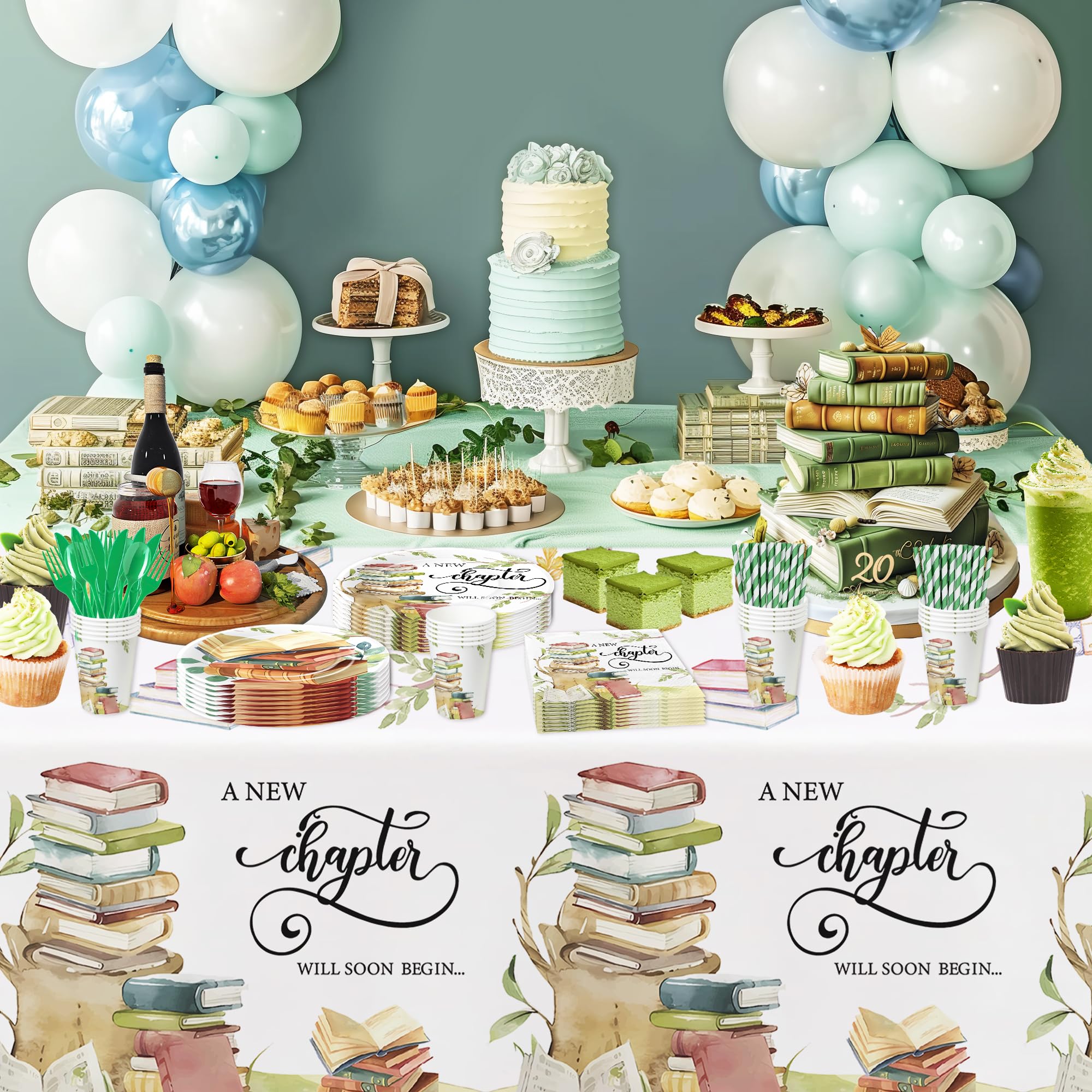 APOWBLS Storybook Baby Shower Decorations Supplies - A New Chapter Will Soon Begin Book Theme Party Decorations, Plate, Cup, Napkin, Tablecloth, Cutlery, Library Reading Book Club Decoration, Serve 24