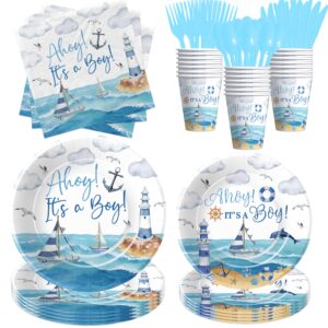 suhelkit ahoy its a boy baby shower decorations tableware - nautical baby boy decorations, plate, cup, napkin, disposable cutlery, anchor nautical party supplies for sailor boat baby shower | 24 guest