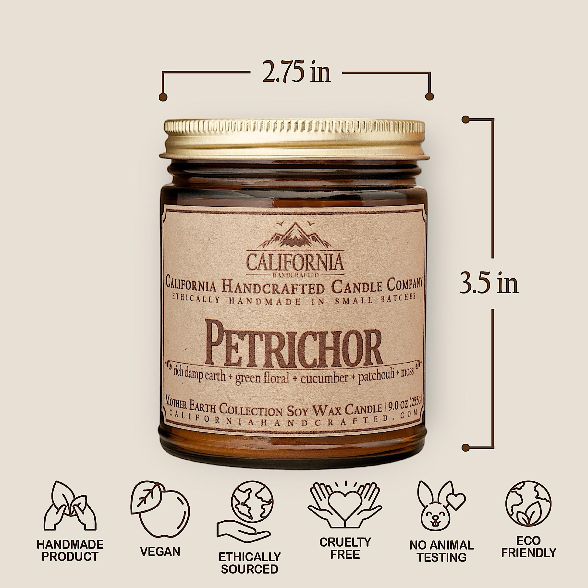 California Handcrafted Petrichor Scented Soy Wax Candle | Rich Damp Earth + Green Floral + Cucumber + Patchouli + Moss | 9 oz Jar