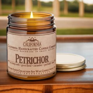 California Handcrafted Petrichor Scented Soy Wax Candle | Rich Damp Earth + Green Floral + Cucumber + Patchouli + Moss | 9 oz Jar