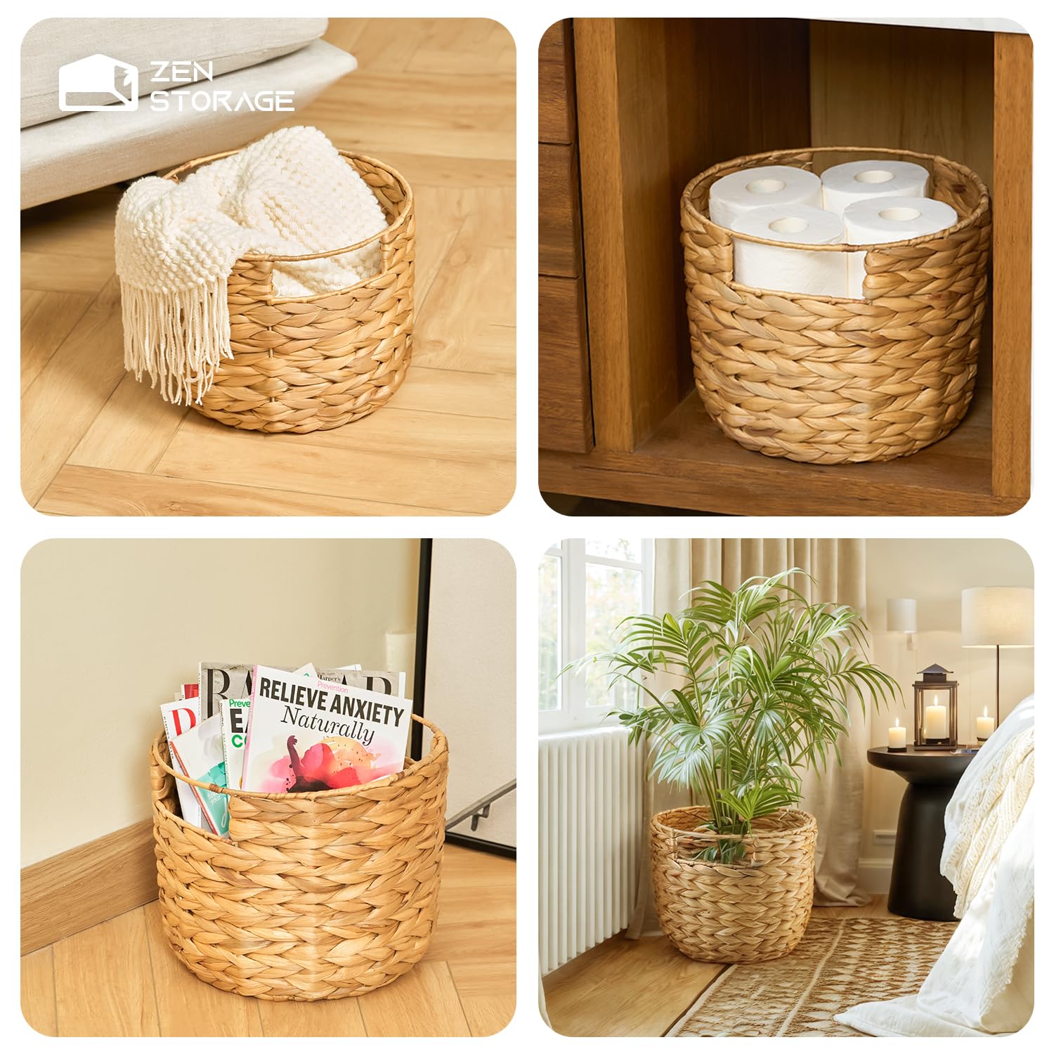 Round Wicker Waste Basket, Wicker Trash Basket for Plants Indoor, Water Hyacinth Basket with Built-In Handle, Garbage Can for Kitchen/Bathroom/Bedroom/Dorm/Office, Set of 2, Small and Large