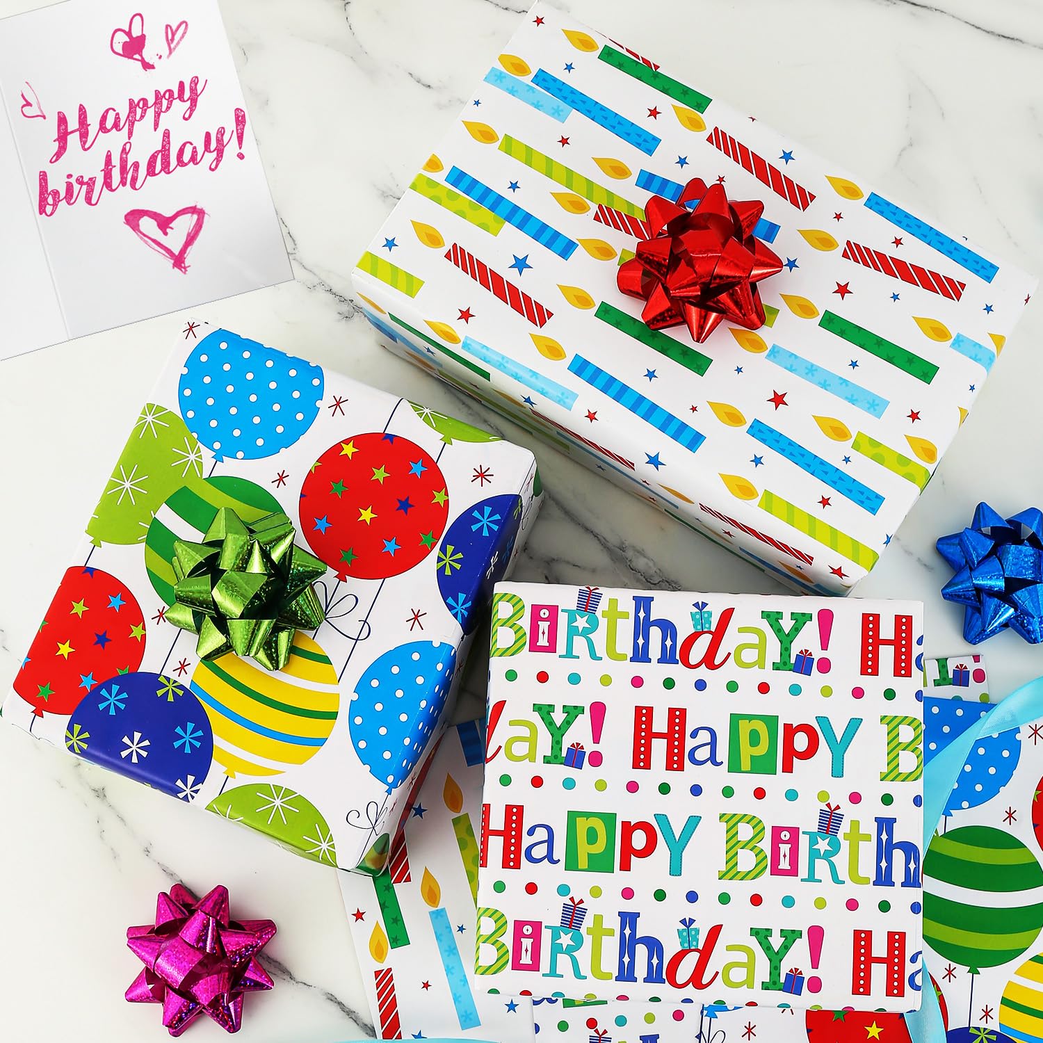 BOLIANNE Birthday Wrapping Paper for Boys Girls Kids Men Women - Gift Wrapping Paper with Balloon 'Happy Birthday' Candles, 6 Large Sheets Gift Wrap for Holiday Party, Folded Flat, 27 X 37 Inch