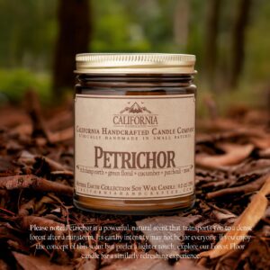 California Handcrafted Petrichor Scented Soy Wax Candle | Rich Damp Earth + Green Floral + Cucumber + Patchouli + Moss | 9 oz Jar