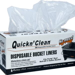 Quickn'Clean disposable paint bucket liners 30-Pack. Custom fits Purdy® Dual Roll Off paint bucket. EZ Tear Perforated Roll. DOES NOT FIT Wooster Wide Boy 5 Gallon Paint Bucket.