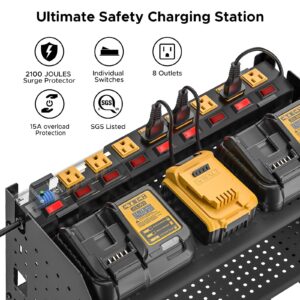 CRST Power Tool Organizer Wall Mount with Individual Switched Power Strip, Cordless Drill Holder with Charging Station, Modular Garage Organization Storage Rack Shelf, Pegboard, Gift for Man (Black)