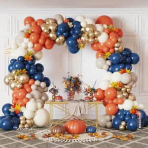 176 pcs fall balloon garland arch kit, navy royal dark blue metallic gold orange creamy white balloons arch kit for class of 2024 graduation decorations thanksgiving party fall birthday wedding decor