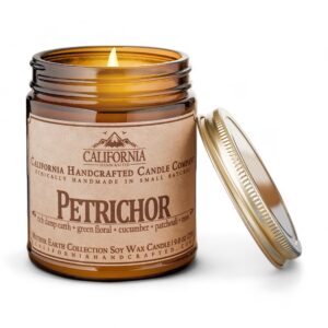 california handcrafted petrichor scented soy wax candle | rich damp earth + green floral + cucumber + patchouli + moss | 9 oz jar