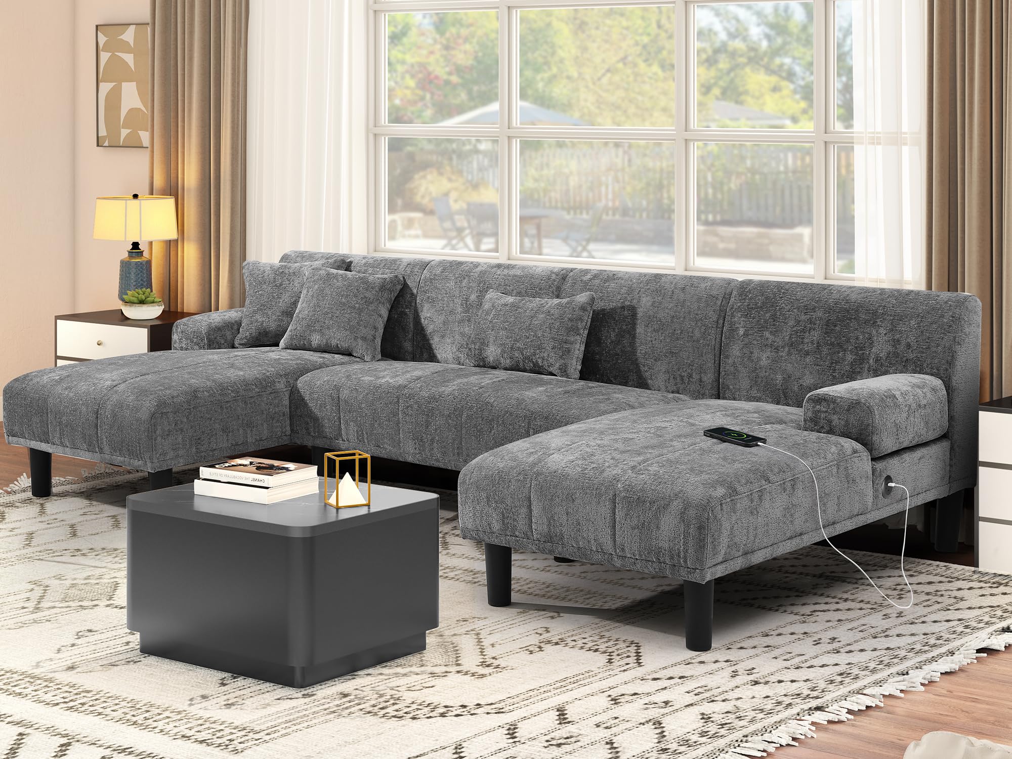 YITAHOME Sectional Couches for Living Room, U Shaped Sofa Chenille Modern Modular Couch with USB & Type C Charging Ports Double Chaise and Comfy Upholstered, Dark Grey