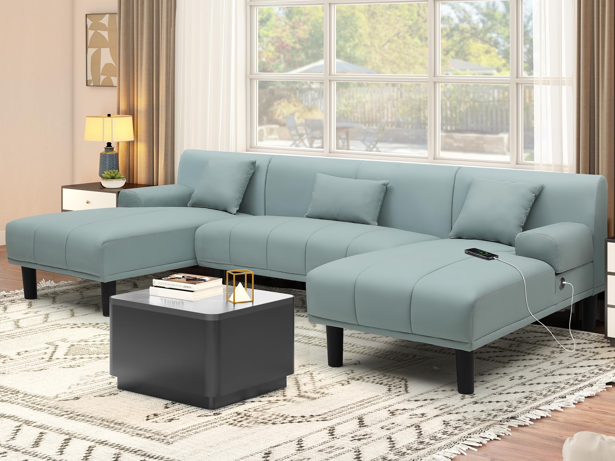 YITAHOME Sectional Couches for Living Room, U Shaped Sofa Faux Leather Modern Modular Couch with USB & Type C Charging Ports Double Chaise and Comfy Upholstered, Blue