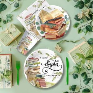 APOWBLS Storybook Baby Shower Decorations Supplies - A New Chapter Will Soon Begin Book Theme Party Decorations, Plate, Cup, Napkin, Tablecloth, Cutlery, Library Reading Book Club Decoration, Serve 24