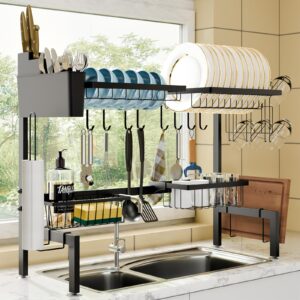 fixwal over the sink dish drainer drying rack large dish drying rack 24.8"-35.5" extendable capacity sink rack with 4 baskets, for saving space, stainless steel