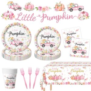 122pcs little pumpkin baby shower decorations - a little pumpkin is on the way baby shower include plates, napkins, cups, forks, tablecloth, and banner for girl pumpkin baby shower, serves 24