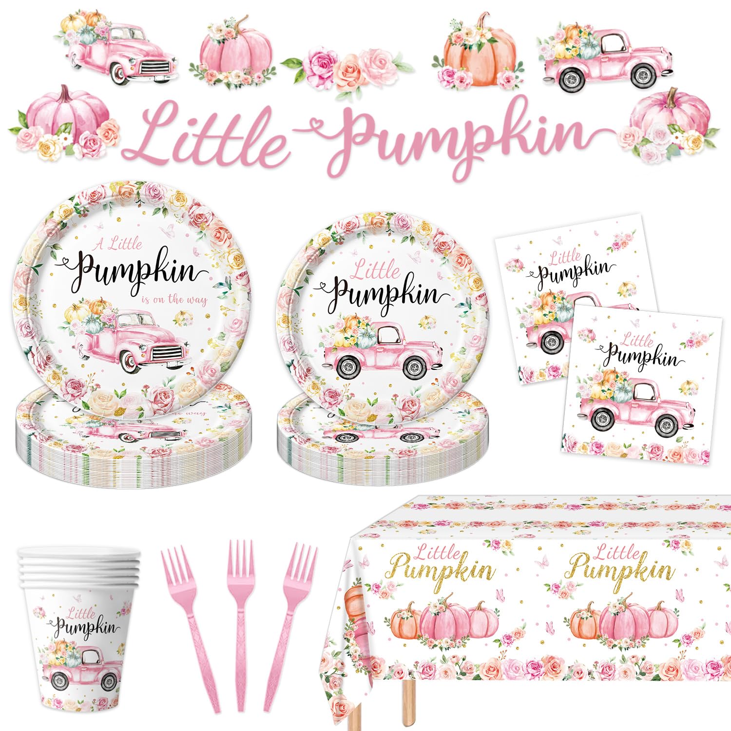 122PCS Little Pumpkin Baby Shower Decorations - A Little Pumpkin is On The Way Baby Shower Include Plates, Napkins, Cups, Forks, Tablecloth, and Banner for Girl Pumpkin Baby Shower, Serves 24