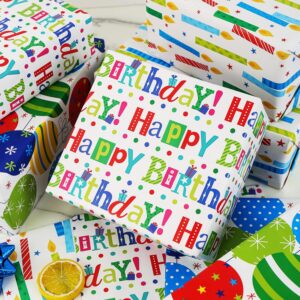 BOLIANNE Birthday Wrapping Paper for Boys Girls Kids Men Women - Gift Wrapping Paper with Balloon 'Happy Birthday' Candles, 6 Large Sheets Gift Wrap for Holiday Party, Folded Flat, 27 X 37 Inch