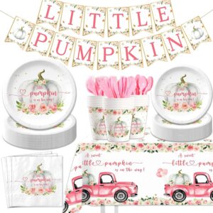 yuzioey 177pcs pumpkin baby shower decorations, a little pumpkin is on the way, fall pink pumpkin disposable dinnerware (serve 25 guests)with paper plates cups napkins, banner tablecloth