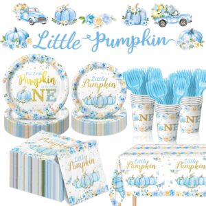 little pumpkin first birthday decorations - little pumpkin is turning one decorations set includes plates, napkins, cups, forks, tablecloth, banner fo boy pumpkin birthday decorations, serves 24