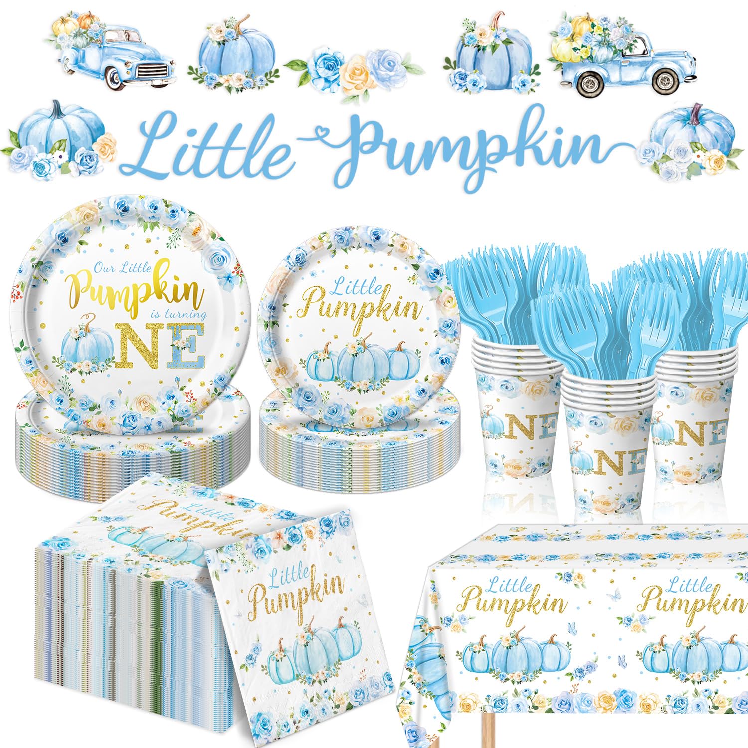 Little Pumpkin First Birthday Decorations - Little Pumpkin is Turning One Decorations Set Includes Plates, Napkins, Cups, Forks, Tablecloth, Banner fo Boy Pumpkin Birthday Decorations, Serves 24