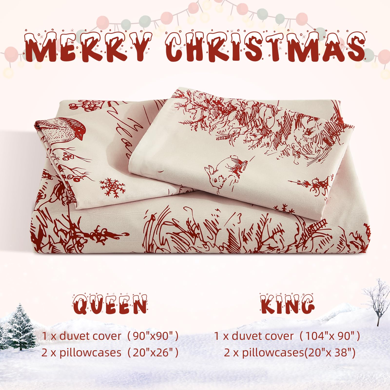 Christmas Duvet Cover Queen Size, 3PCs Red Village Christmas Bedding Set, Holiday Decor Soft Microfiber Duvet Cover and 2 Pillowcases with Zipper Closure for Kids Teens Adults (90"x90")