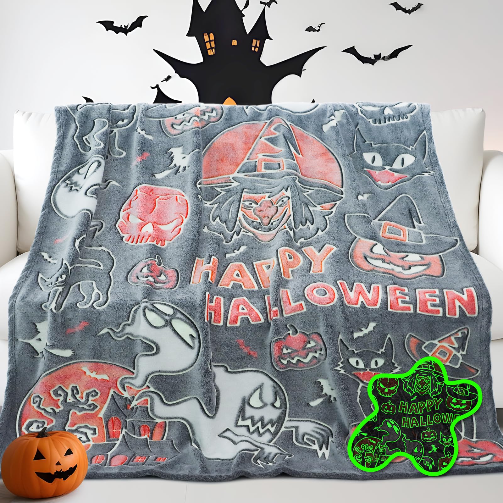 UOFON Halloween Blanket Pumpkin Throw Blanket Witchy Blanket Glow in The Dark for Kids Adults Halloween Decorations 50"x60"