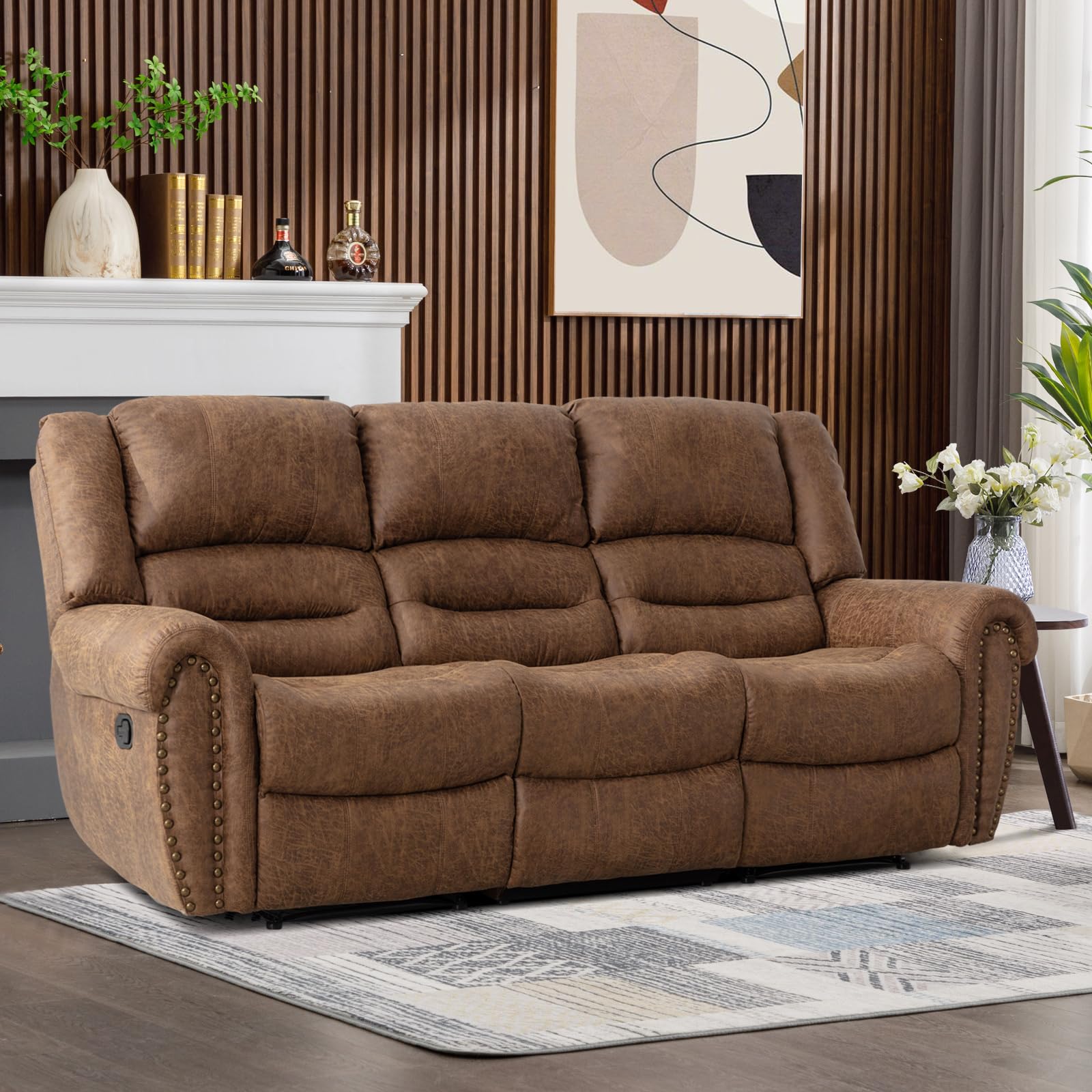 CANMOV Faux Leather Manual Reclining Sofa,3 Seat Recliner Couch Sofa with Overstuffed Comfortable Armrest and Backrest for Living Room, Office(Nut Brown, Sofa)