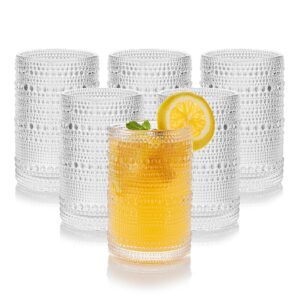 15 oz clear hobnail drinking glasses with straws set of 6, vintage glassware old fashioned beverage glasses, cocktail drinking glassware set, kitchen water glasses cup, for beer, smoothie, juice