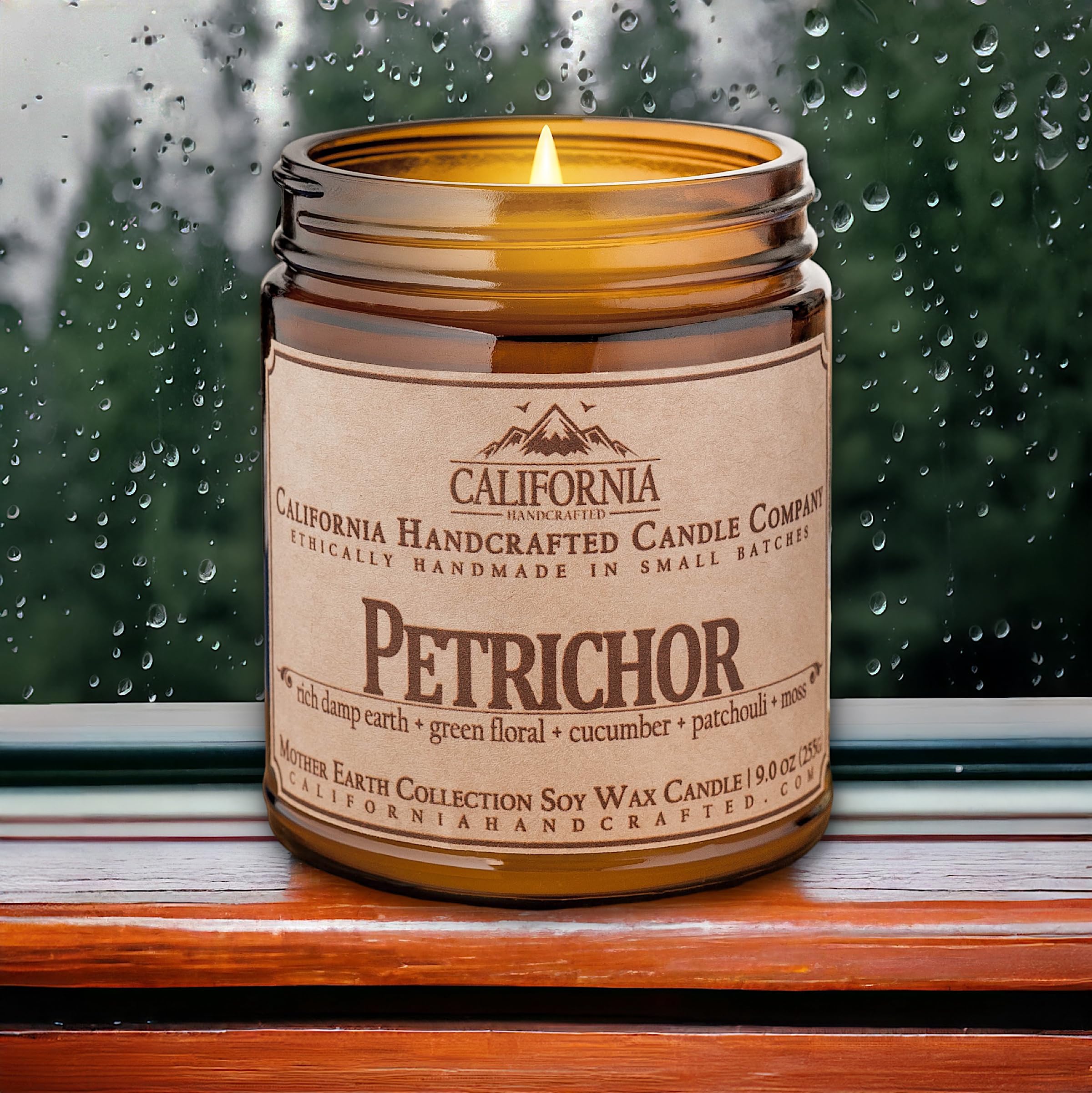 California Handcrafted Petrichor Scented Soy Wax Candle | Rich Damp Earth + Green Floral + Cucumber + Patchouli + Moss | 9 oz Jar