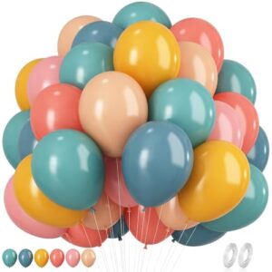 boho rainbow balloons, 60pcs dusty blue blush pink balloons, 12 inch retro mustard yellow slate blue balloons assorted colorful balloons for here comes the son baby shower boho safari groovy birthday