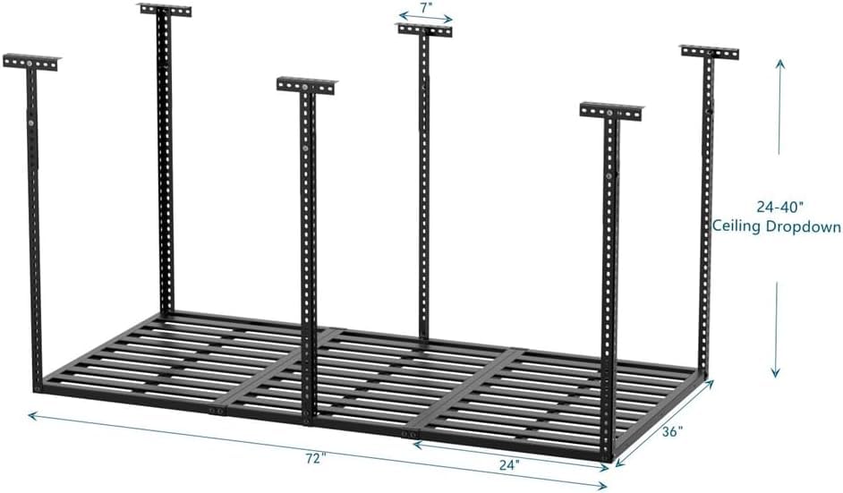 INDSUMOT 3x6 Heavy Duty Adjustable Ceiling Mounted Storage Racks, Overhead Garage Storage Rack, Hanging Garage Storage, 750LBS Weight Capacity 36 in W x 72 in L x 24-40 in, Black