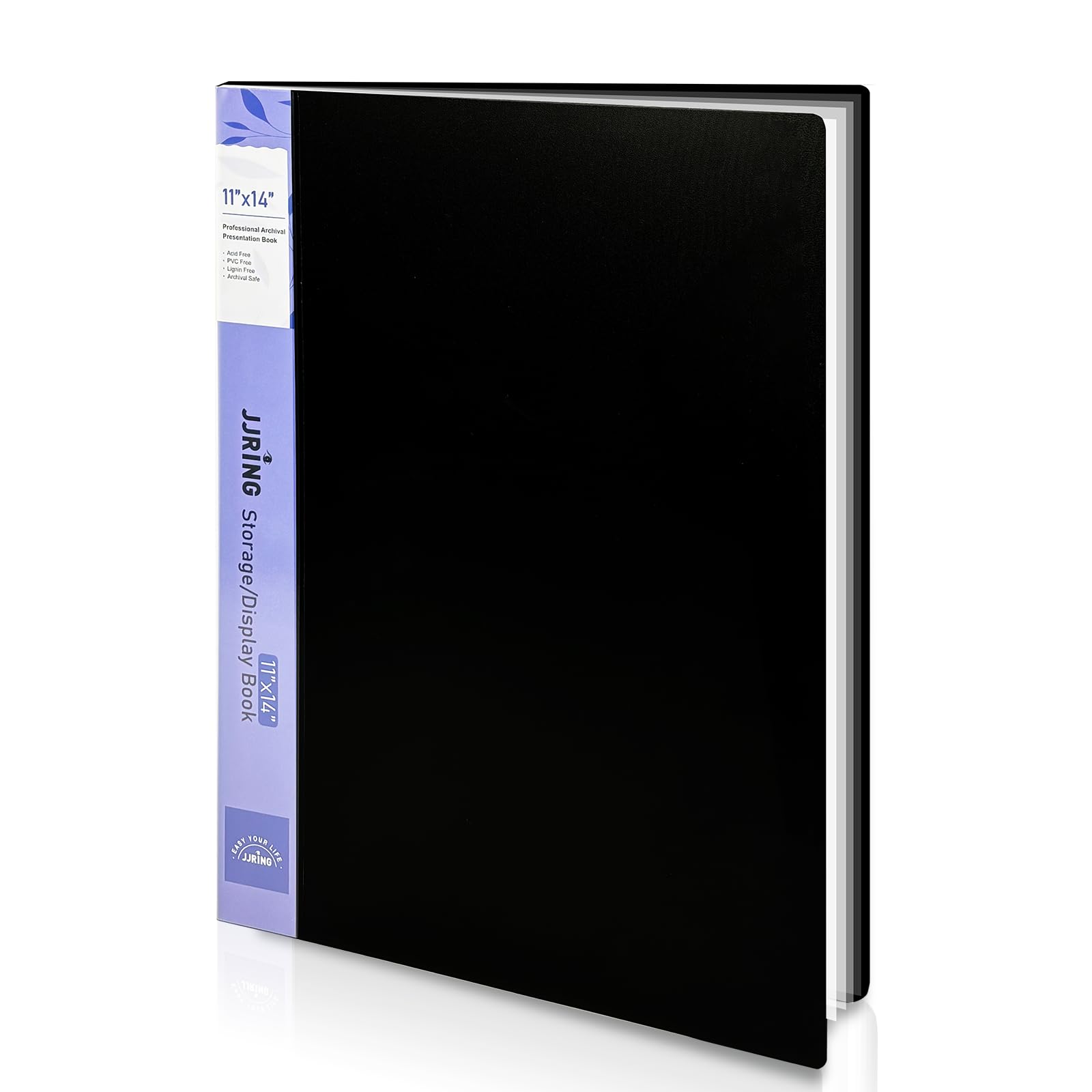 JJRING 11x14 Art Portfolio Folder with Plastic Sleeves, 24-Pocket Portfolio Binder Displaying 48 Pages, Presentation Book with Black Inner Paper for Artwork Storage, Black