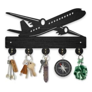 mayjoydiy wooden airplane coat hook wall mounted 11.8×6.8inch aircraft key holder for wall decorative black key hanger 5 alloy hooks for gift entryway bedroom living room office