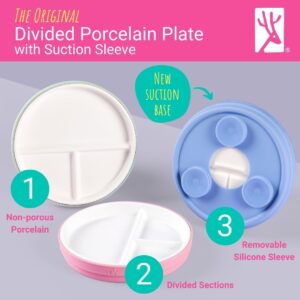 Elk and Friends Kids 6.7” Porcelain White Plates with Silicone Suction Sleeves Sleeves | Divided Plates | Suitable for Babie/Kids/Toddlers | Microwave & Dishwasher Safe | Non Slip | Snack Dishes