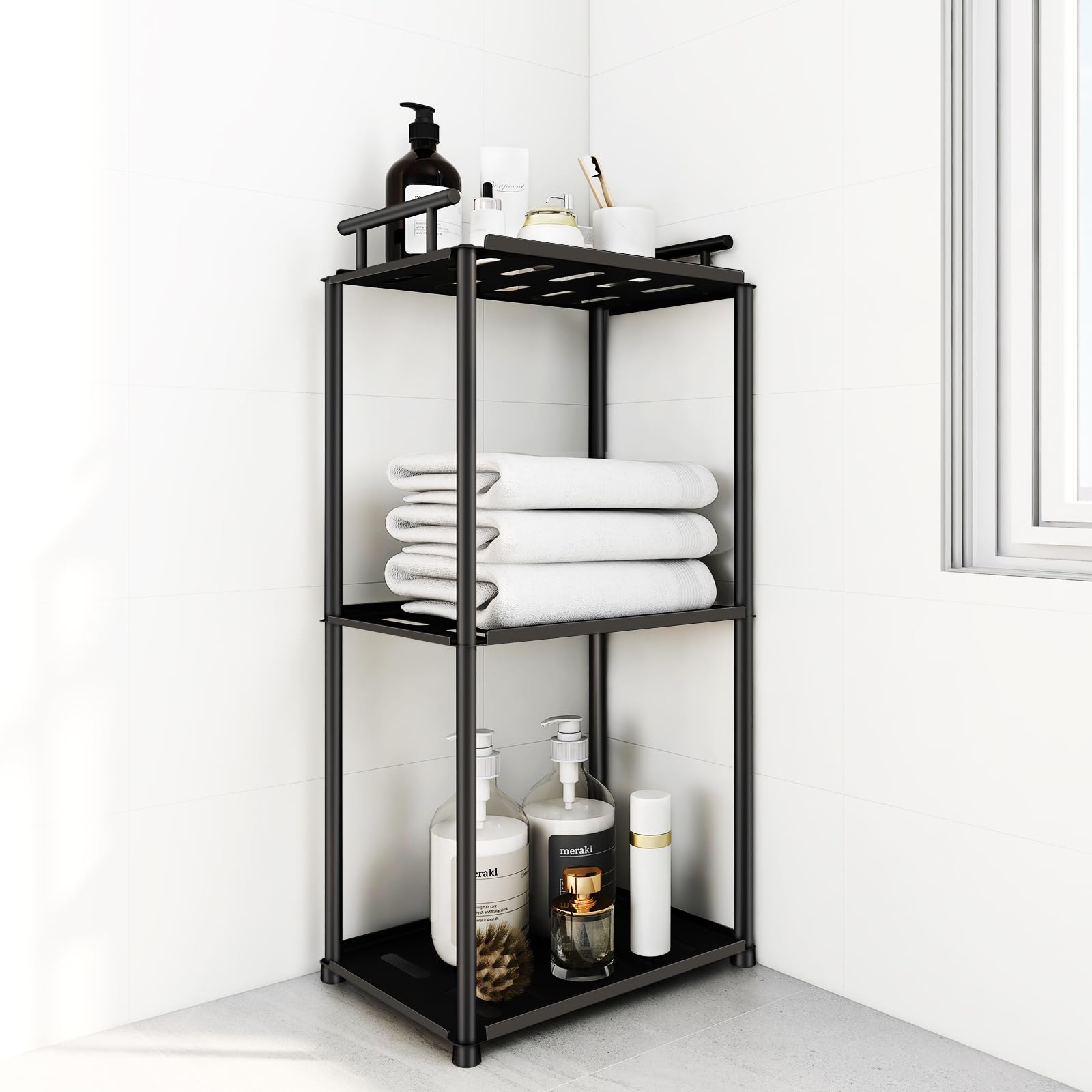 VOTZAAQ Corner Shower Caddy 3 Tier Standing Shower Caddy Corner, Black Shower Rack Bathroom Storage Organizer with Handle, Rustproof Stainless Steel Corner Shelf, Shower Shelf for Inside Shower