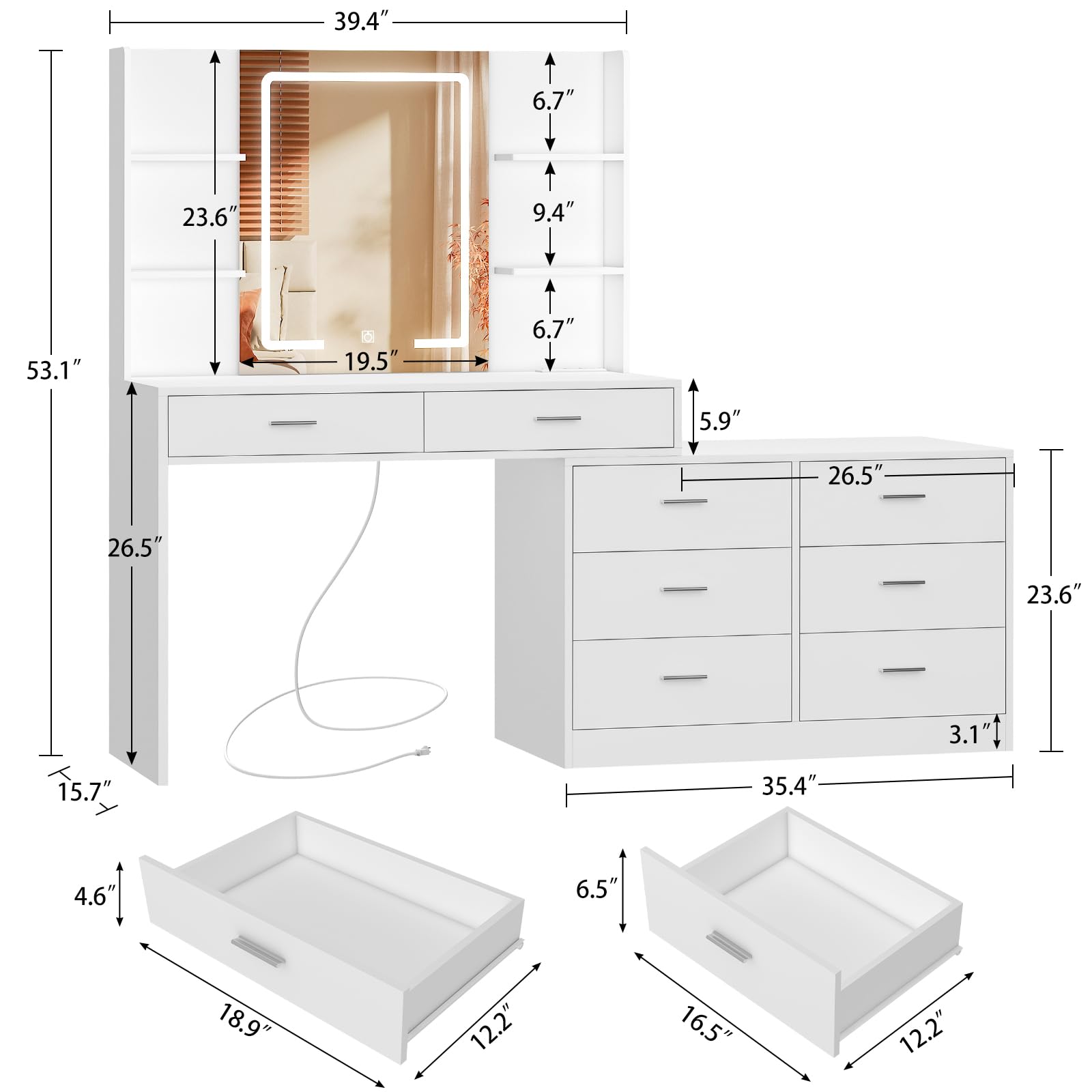 Quimoo 65.9'' Vanity Desk with LED Lighted Mirror & Power Outlet, Modern Corner Makeup Vanity Table with 8 Drawers & Open Shelves, Dressing Table for Bedroom, Makeup Room