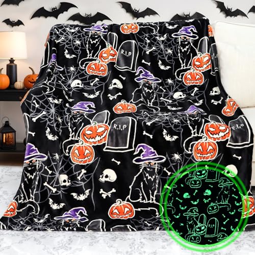 KIVEE Halloween Blanket Pumpkin Glow in The Dark Blanket Cat Halloween Decorations Cute