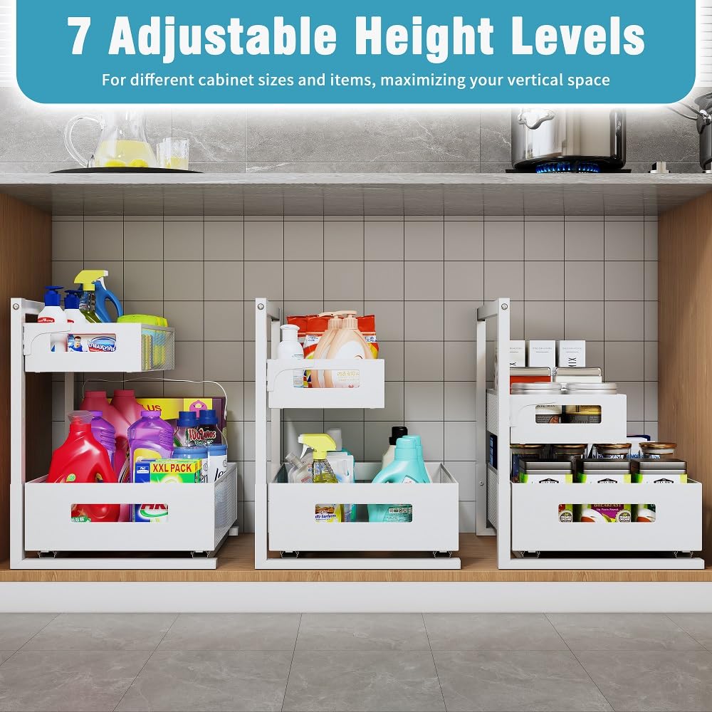 Under Sink Organizer and Storage Adjustable Height 2 Tier Bathroom Organizer Pull Out Cabinet Organerkitchen organizers and storage fridge organizers and storage,White,XL-1 Pack