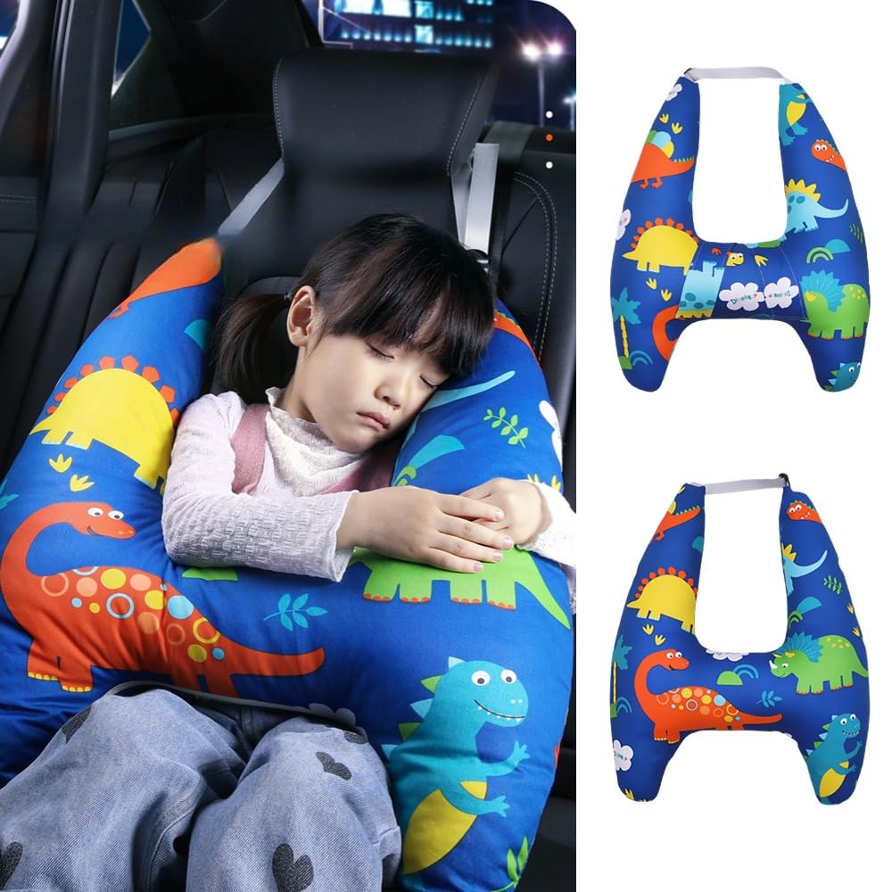 Travel Pillow Car Pillow for Kids 6 Years Old+ Kid Car Sleeping for The Back Seat of Car Seat Belt Adjuster Neck Shoulder Support on Road Trips Cartoon Anime Gift Ideas(Dinosaur)