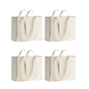 hqcupb 4 pack canvas tote bag reusable grocery bags shopping bags for groceries foldable heavy duty washable canvas bag with handles (4 pack, natural color)