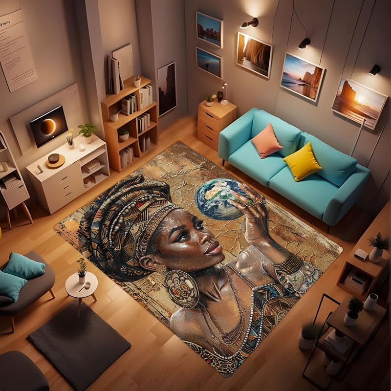 LUCKYLEI Black African Woman Aboriginal Headdress Art Rug, Native American Indian Girl Wearing Ethnic Headdress, African Woman Folk Art Element Indigenous Lady Tribal Gesture, Light Brown 24x36inch