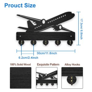 MAYJOYDIY Wooden Airplane Coat Hook Wall Mounted 11.8×6.8inch Aircraft Key Holder for Wall Decorative Black Key Hanger 5 Alloy Hooks for Gift Entryway Bedroom Living Room Office