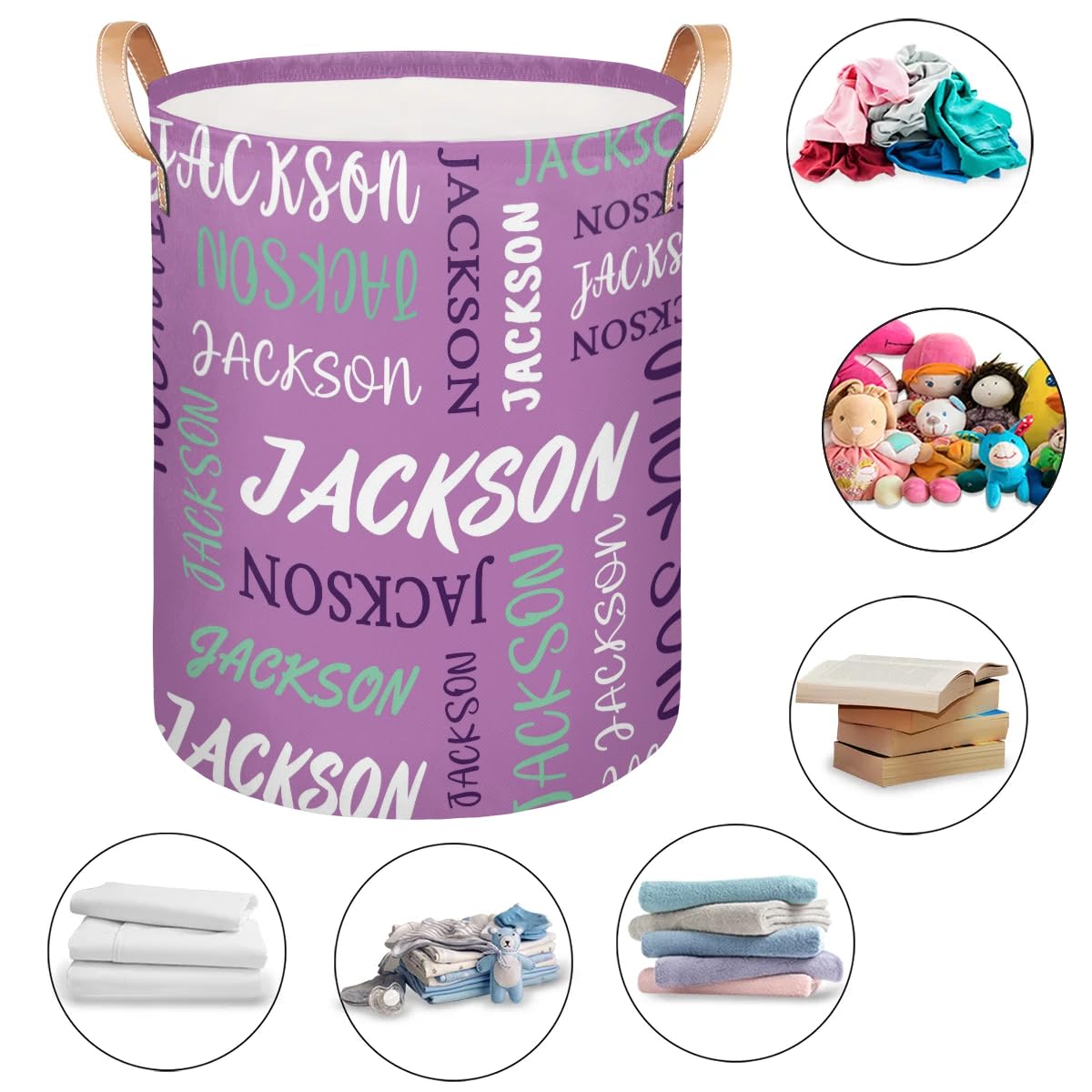 Custom Name Large Laundry-Basket for Kids-Boys-Girls, Personalized Collapsible Waterproof Laundry Hamper Dirty Clothes Toys Storage Bin with Handles,Purple