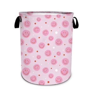 pink smiley face laundry basket, boho laundry hamper foldable waterproof oxford cloth funny tote bag dirty clothes storage bucket toy organizer for bathroom/laundry/bedroom 15.7"x19.6"