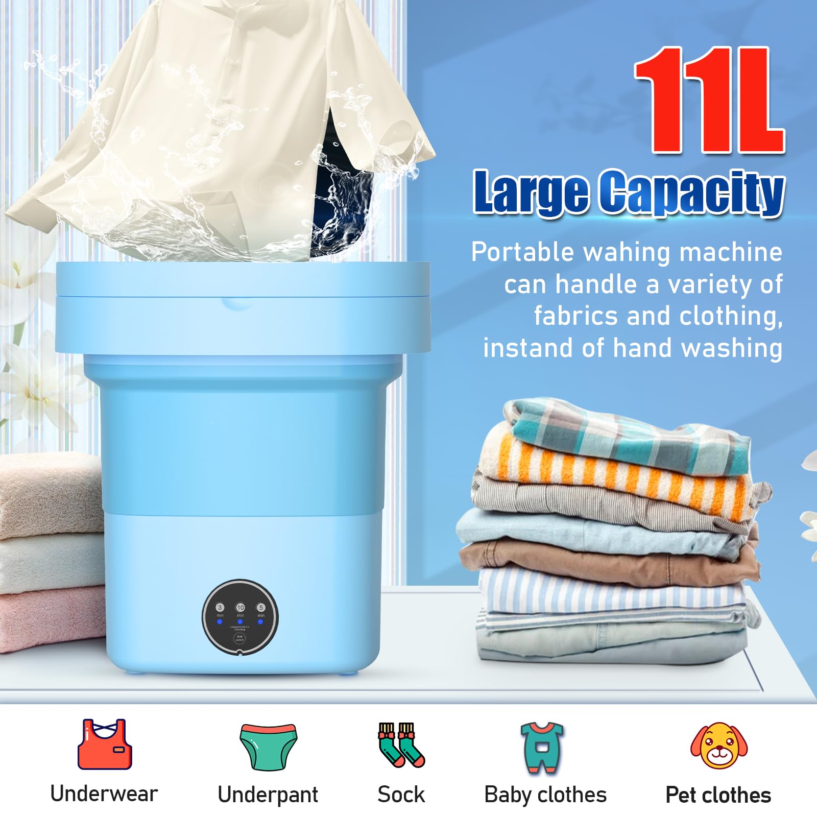 Portable Washing Machine with 3 Intelligent Cleaning Modes,11L Mini Washer with Foldable Design,Mini Folding Washing for Travel,Camping,Apartment,Dorm,Baby Clothes,Socks,Underwear Blue