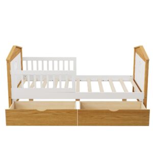 Harper & Bright Designs Twin Size House Shape Bed with Two Drawers Wooden Bed Frame for Boys Girls Kids Adults Toddler Teens, No Box Spring Needed, Walnut and White