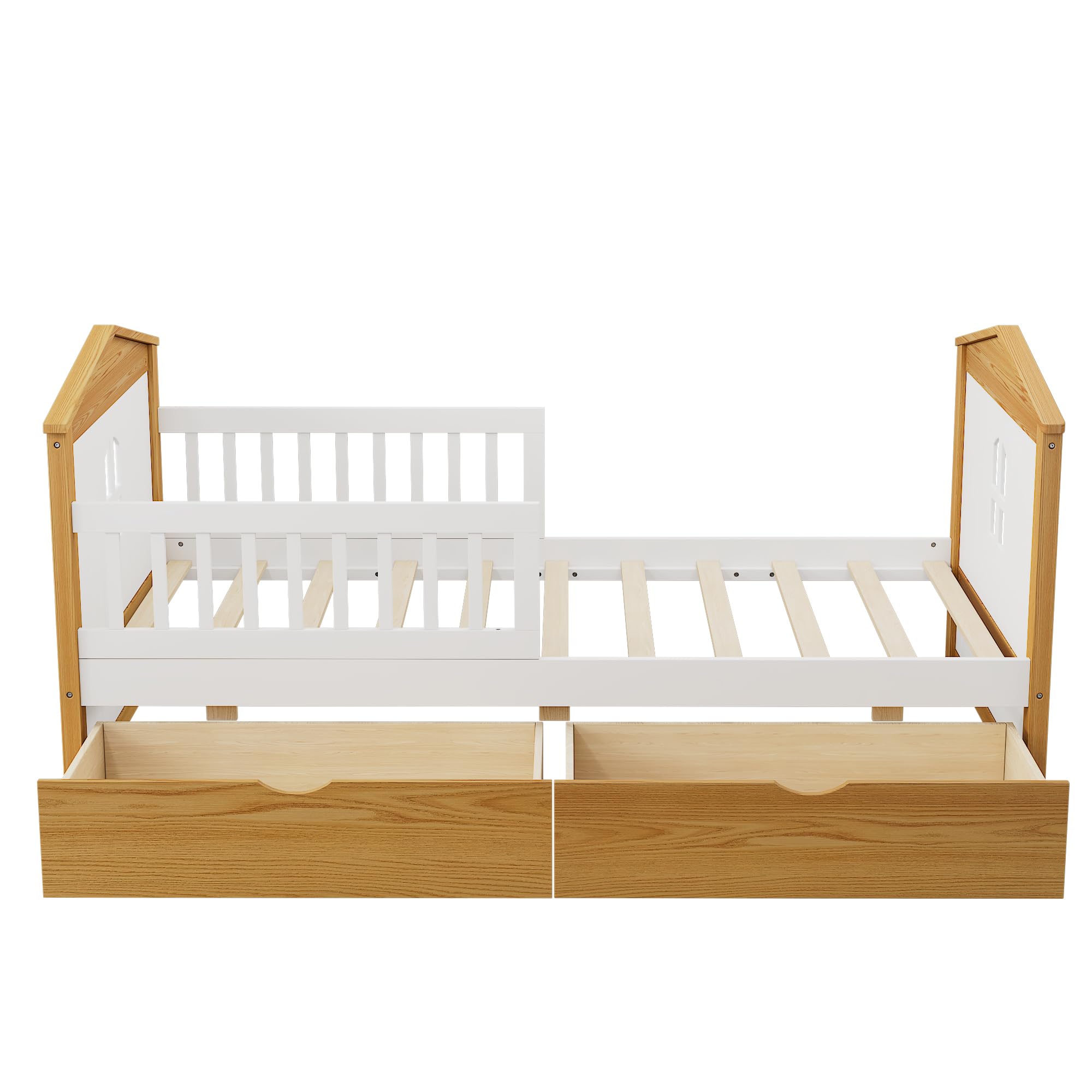 Harper & Bright Designs Twin Size House Shape Bed with Two Drawers Wooden Bed Frame for Boys Girls Kids Adults Toddler Teens, No Box Spring Needed, Walnut and White