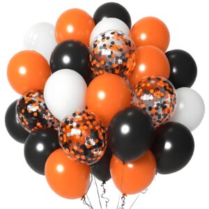 halloween orange black and white balloons decorations, 50pcs 12 inch black orange confetti latex balloons for baby shower birthday anniversary graduation party supplies